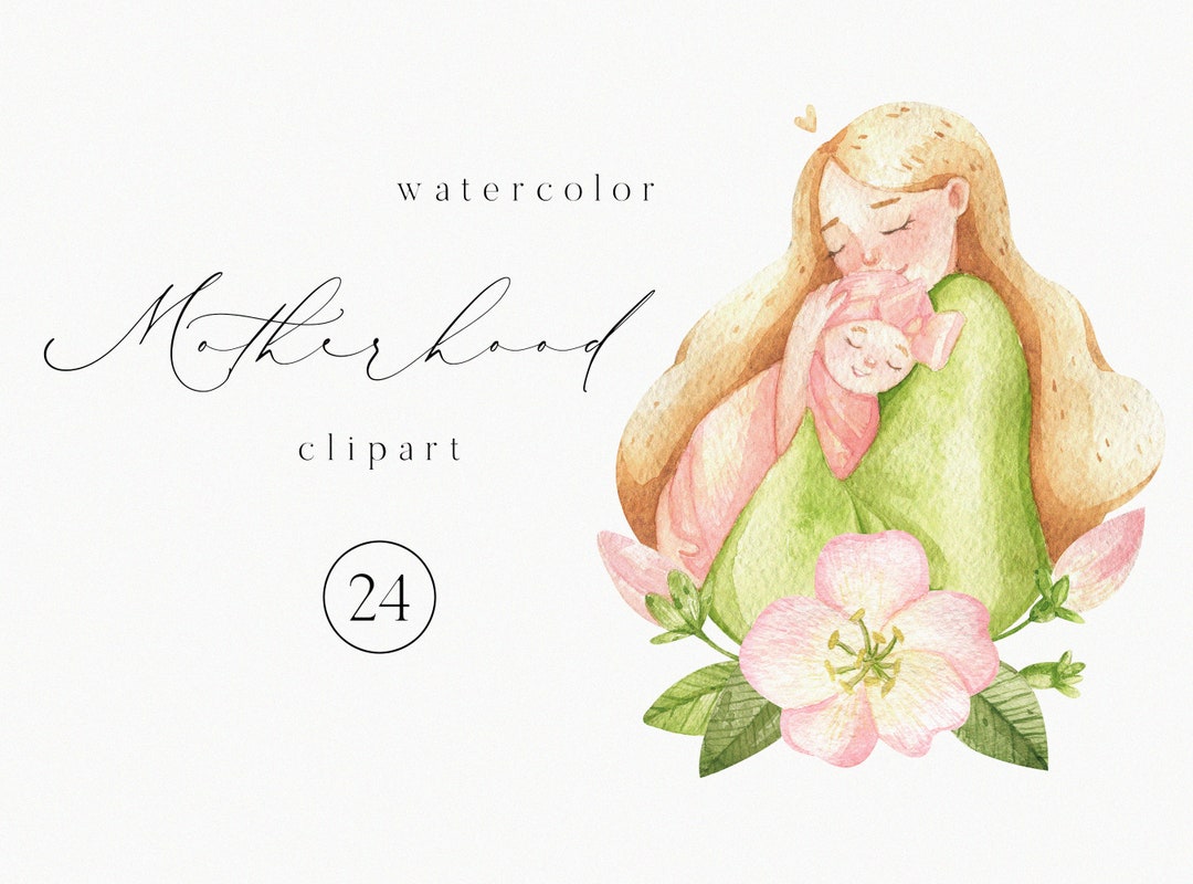 Watercolor Motherhood Pregnant Mother Newborn Baby Girl Mom and ...
