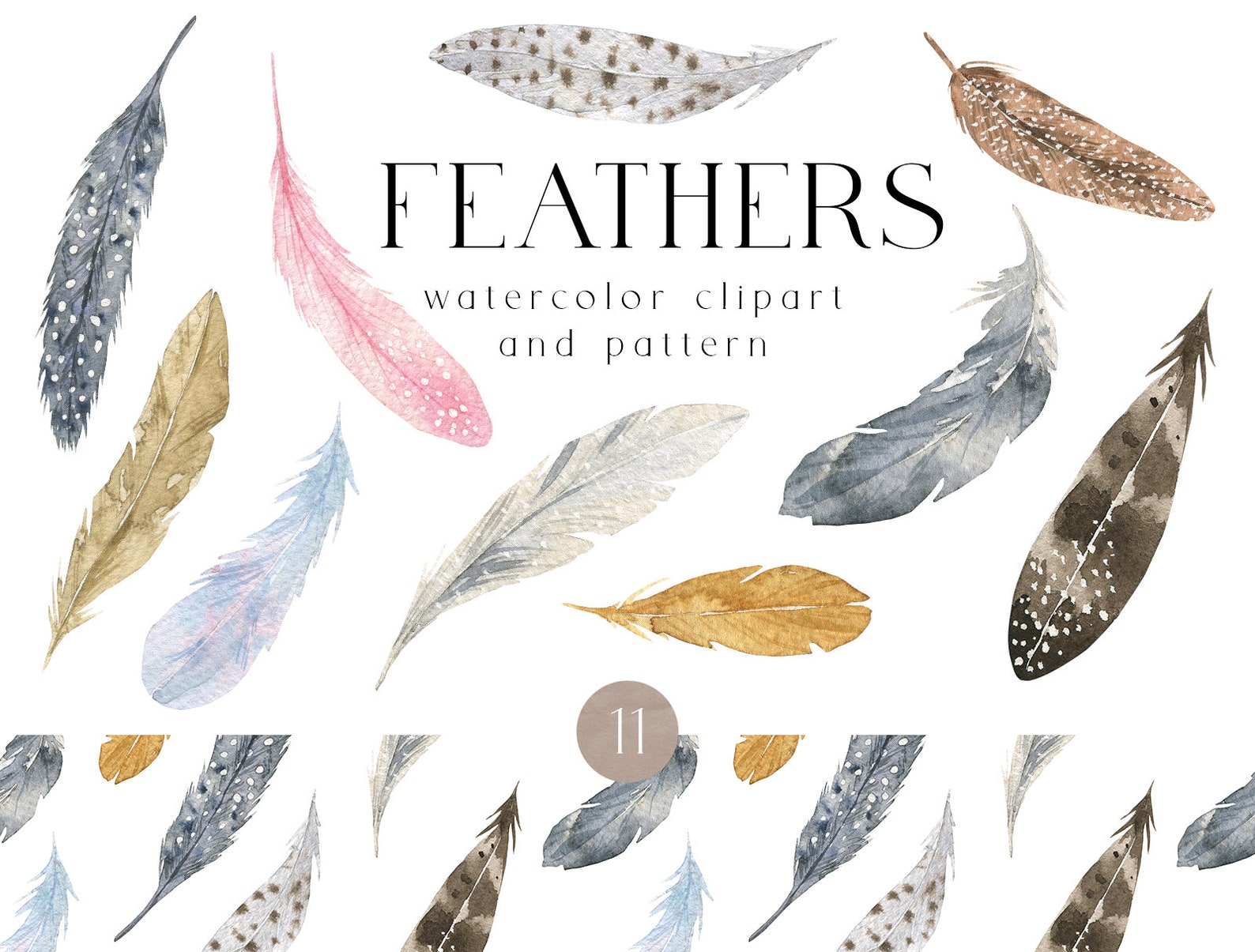 Watercolor Feather Boho Clipart Bohemian Feathers Clip Art Seamless ...
