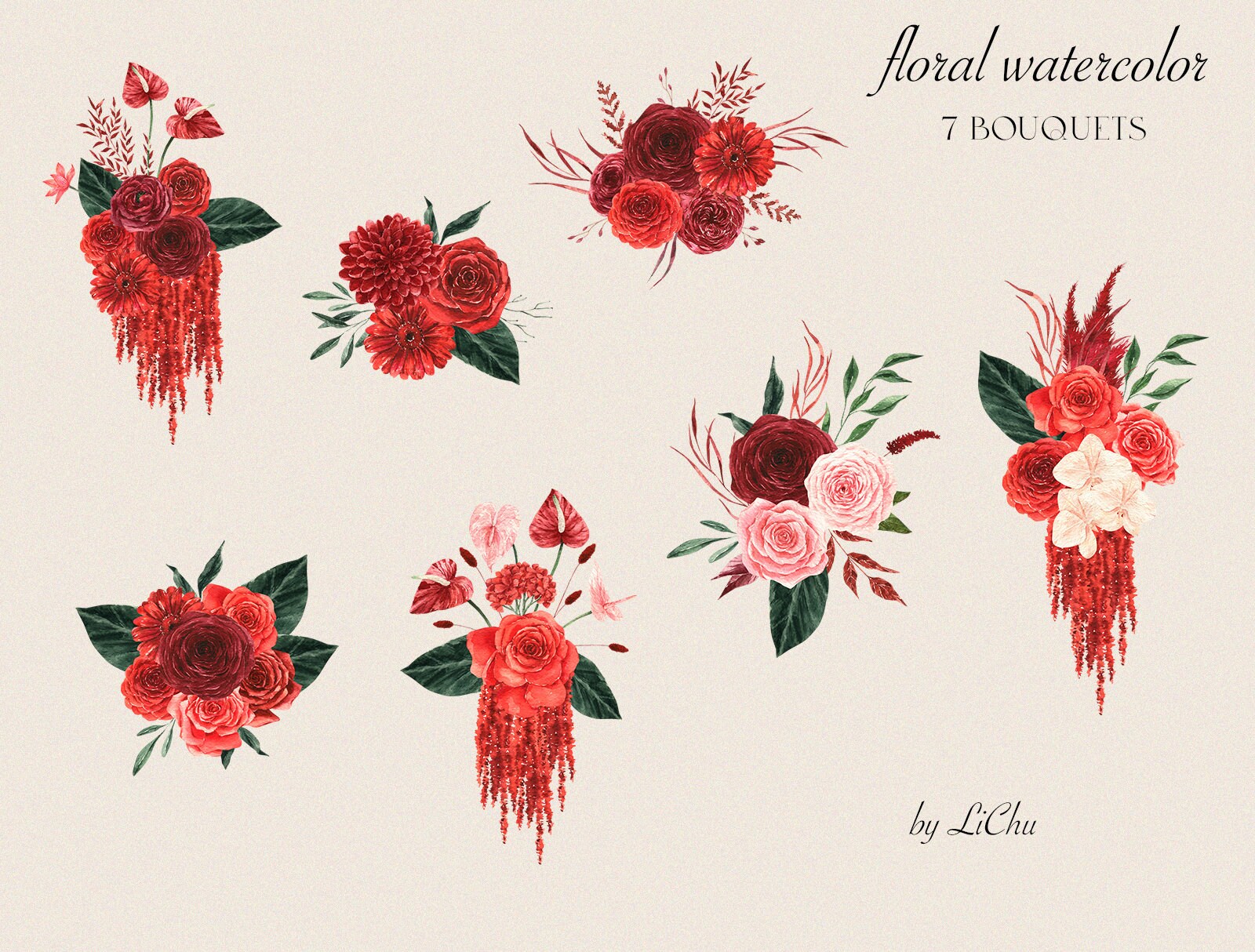 Boho flowers clipart Watercolor flower bouquet Floral Red | Etsy