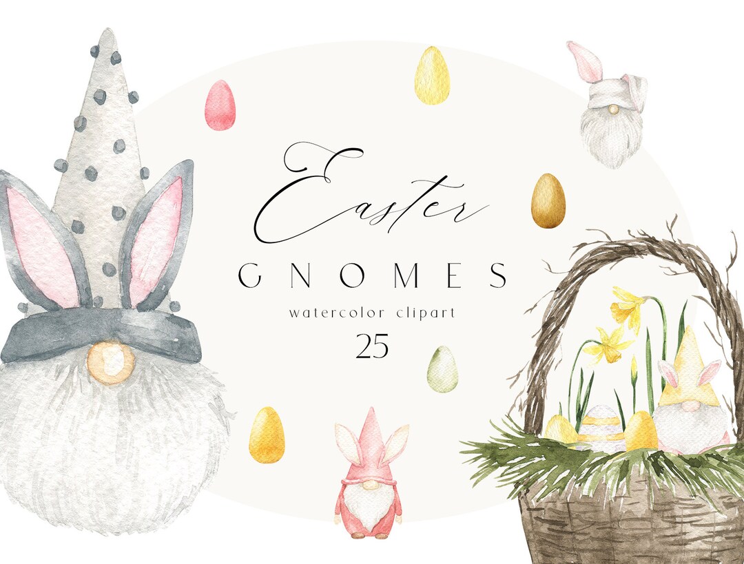 Watercolor Easter Clip Art - Scandinavian Gnome With Bunny Ears Egg ...