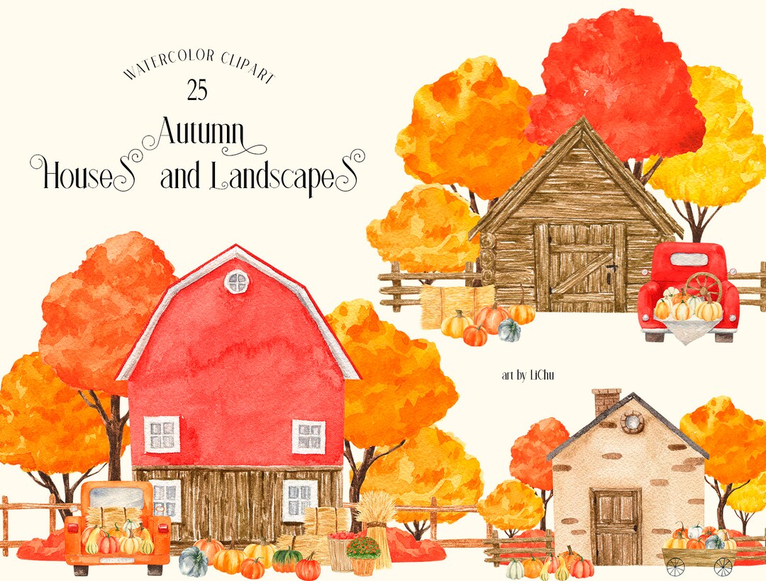 House Watercolor Autumn Clipart Cottage Village Barn Farm Pumpkin Truck ...