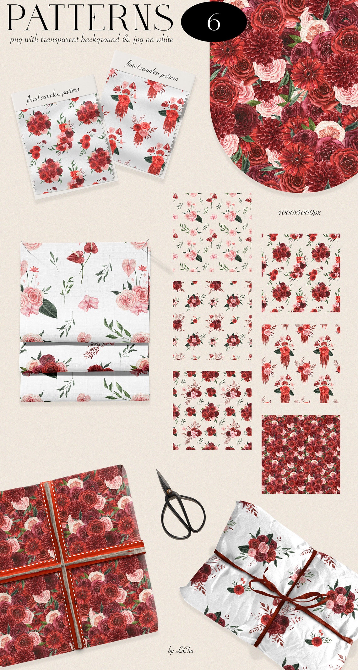 Watercolor Red Flowers Seamless Pattern. Burgundly Flower Art | Etsy