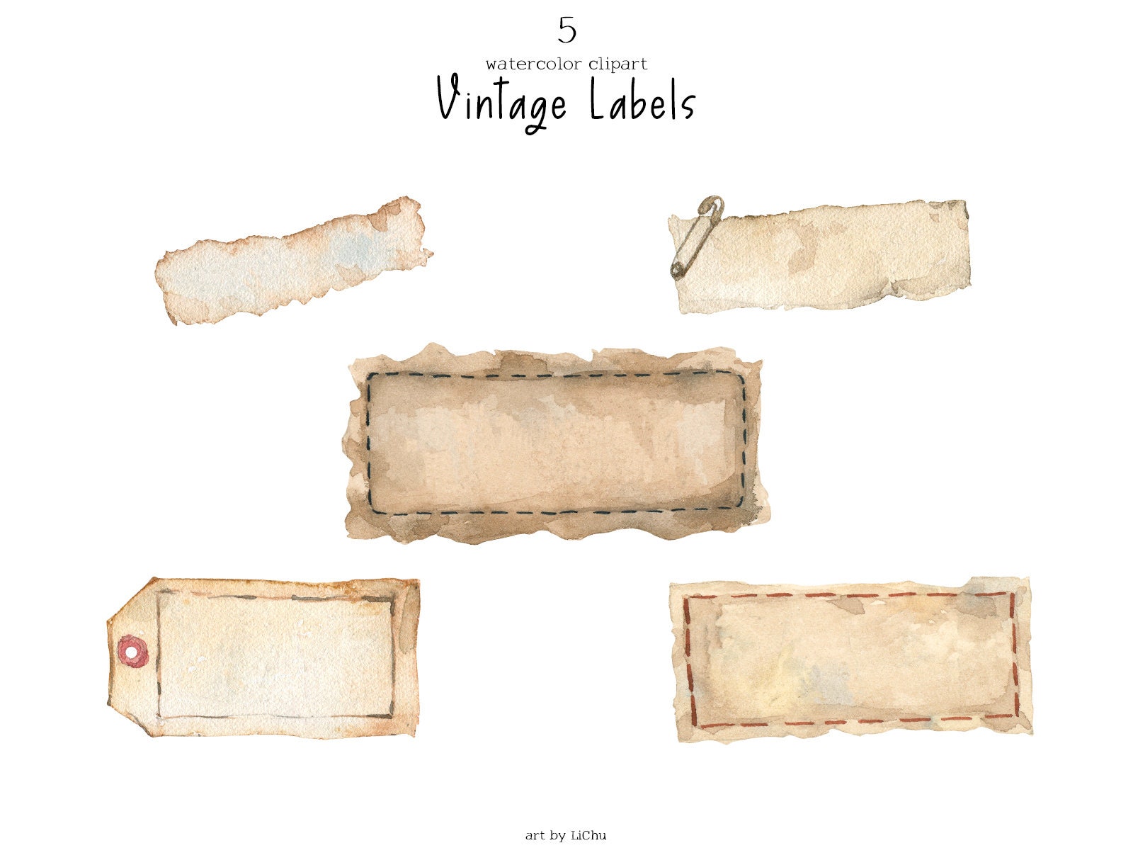 Watercolor Vintage Labels Clipart Old Cute Tag Ribbon Torn - Etsy