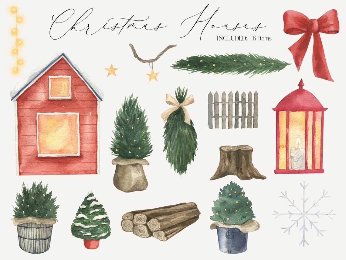 Watercolor Christmas Clipart Winter House Floral Wreath Home - Etsy