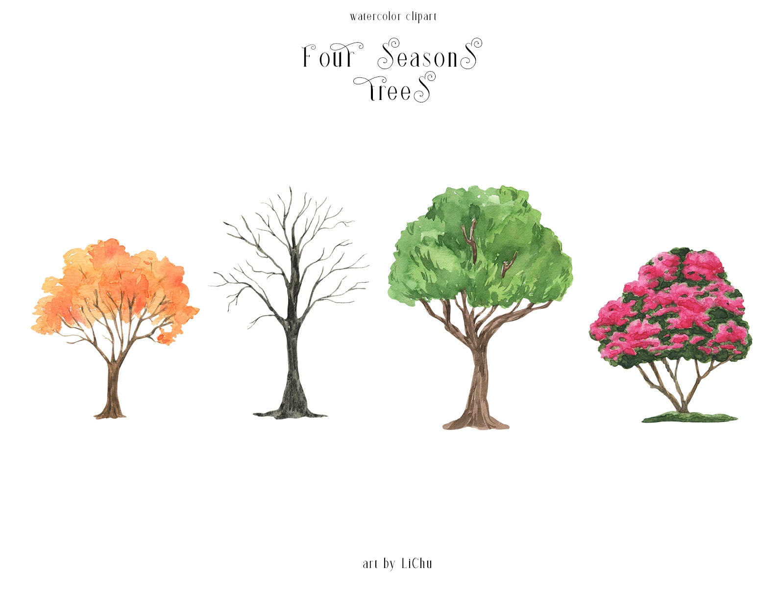 Watercolor Seasonal Trees Clipart Four Season Autumn Spring - Etsy