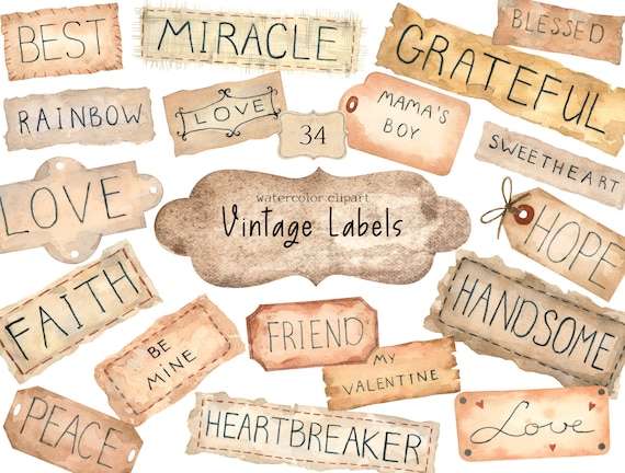 Watercolor Vintage Labels Clipart Old Cute Tag Ribbon Torn | Etsy