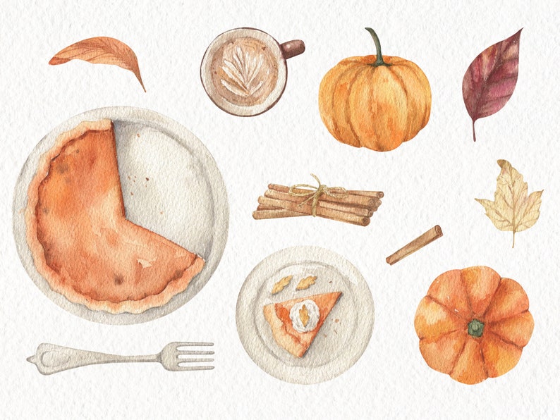 Watercolor Autumn Clipart - Pumpkin Pie - Fall Clipart - Thanksgiving ...