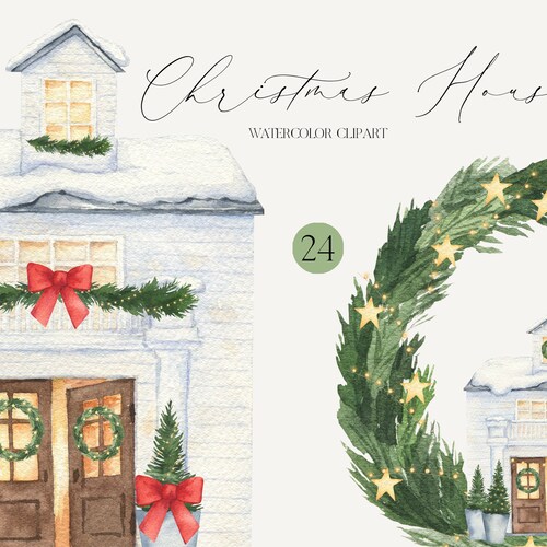Watercolor Christmas Clipart Winter House Floral Wreath Home - Etsy