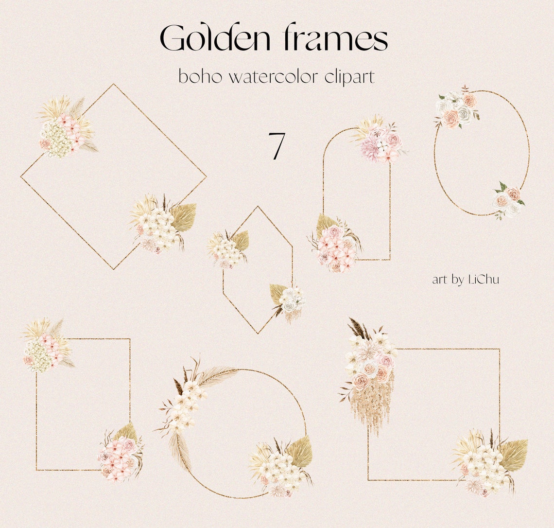 Boho Floral Golden Frame Clipart Watercolor Flowers Wreath - Etsy