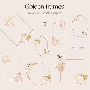 Boho Floral Golden Frame Clipart Watercolor Flowers Wreath Dried Palm ...