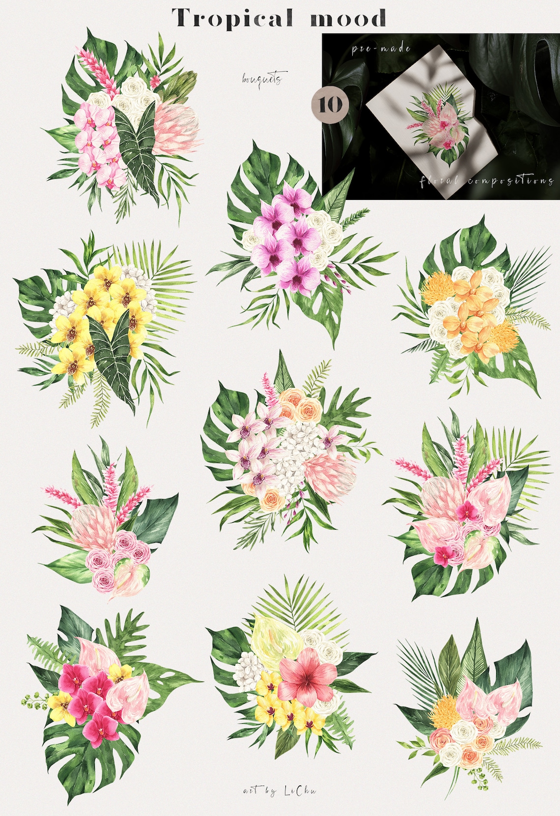 Watercolor Tropical Flowers Clipart Hawaii Floral Greenery - Etsy