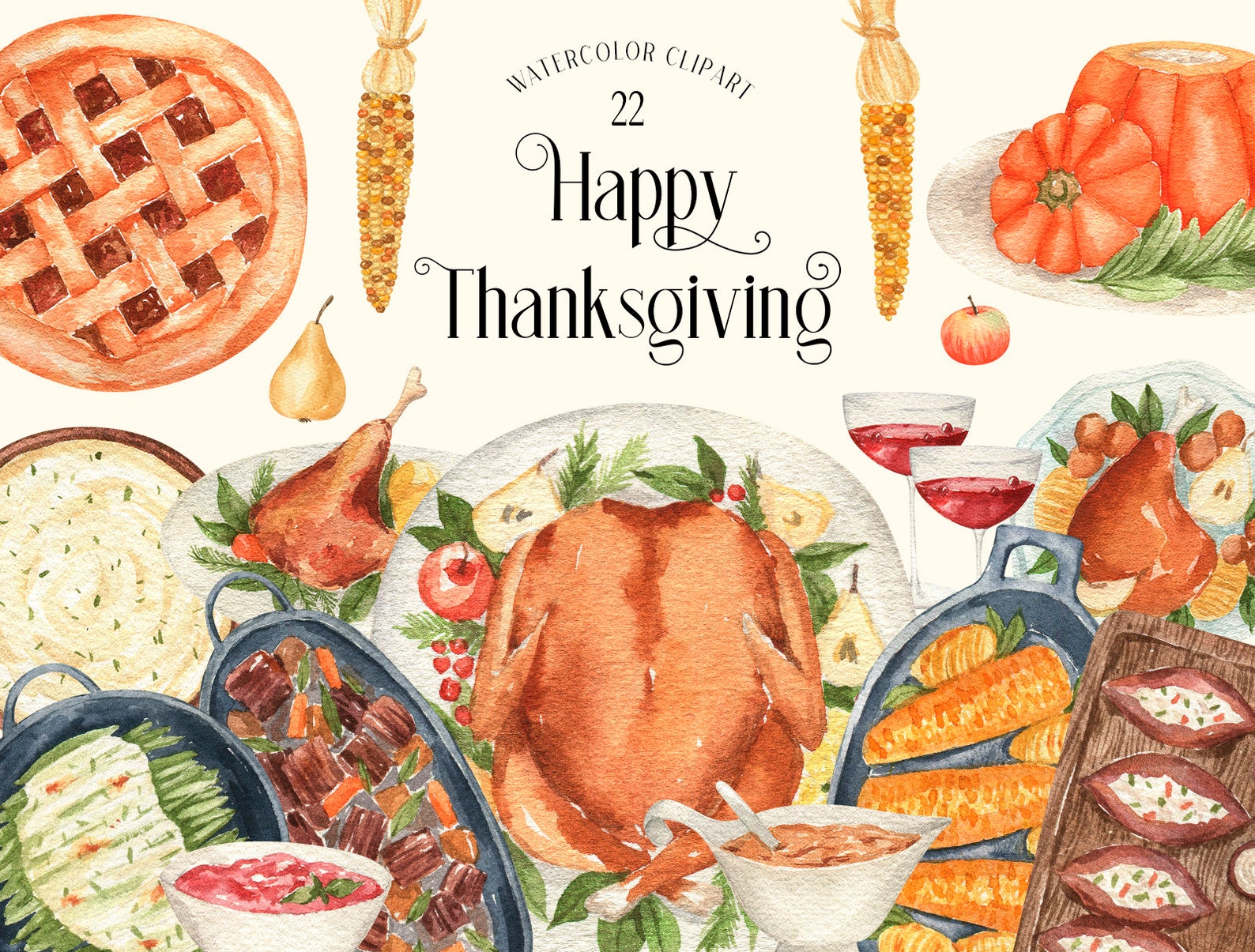 Watercolor Thanksgiving Dinner Clipart Pumpkin Pie Turkey Cranberry ...