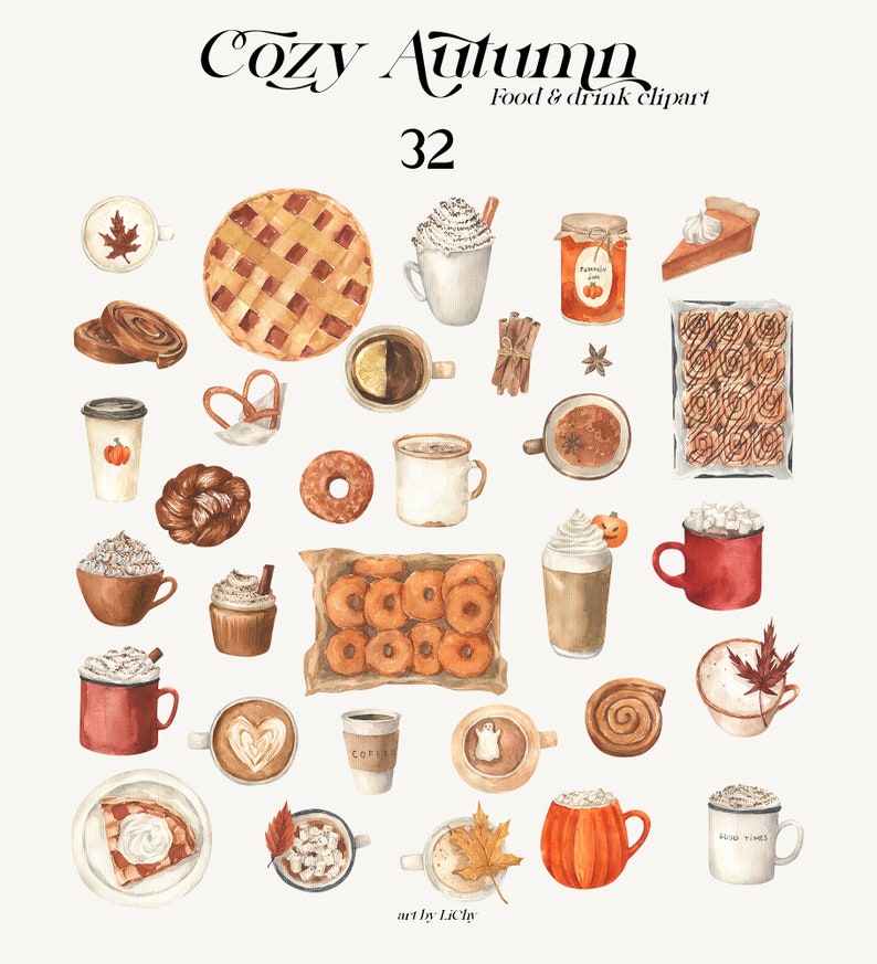 Watercolor Autumn Food Drink Clipart Thanksgiving Dinner Fall Cookies ...