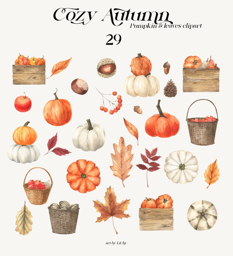 Watercolor Fall Clipart Autumn Harvest Leaves Pumpkin Foliage ...