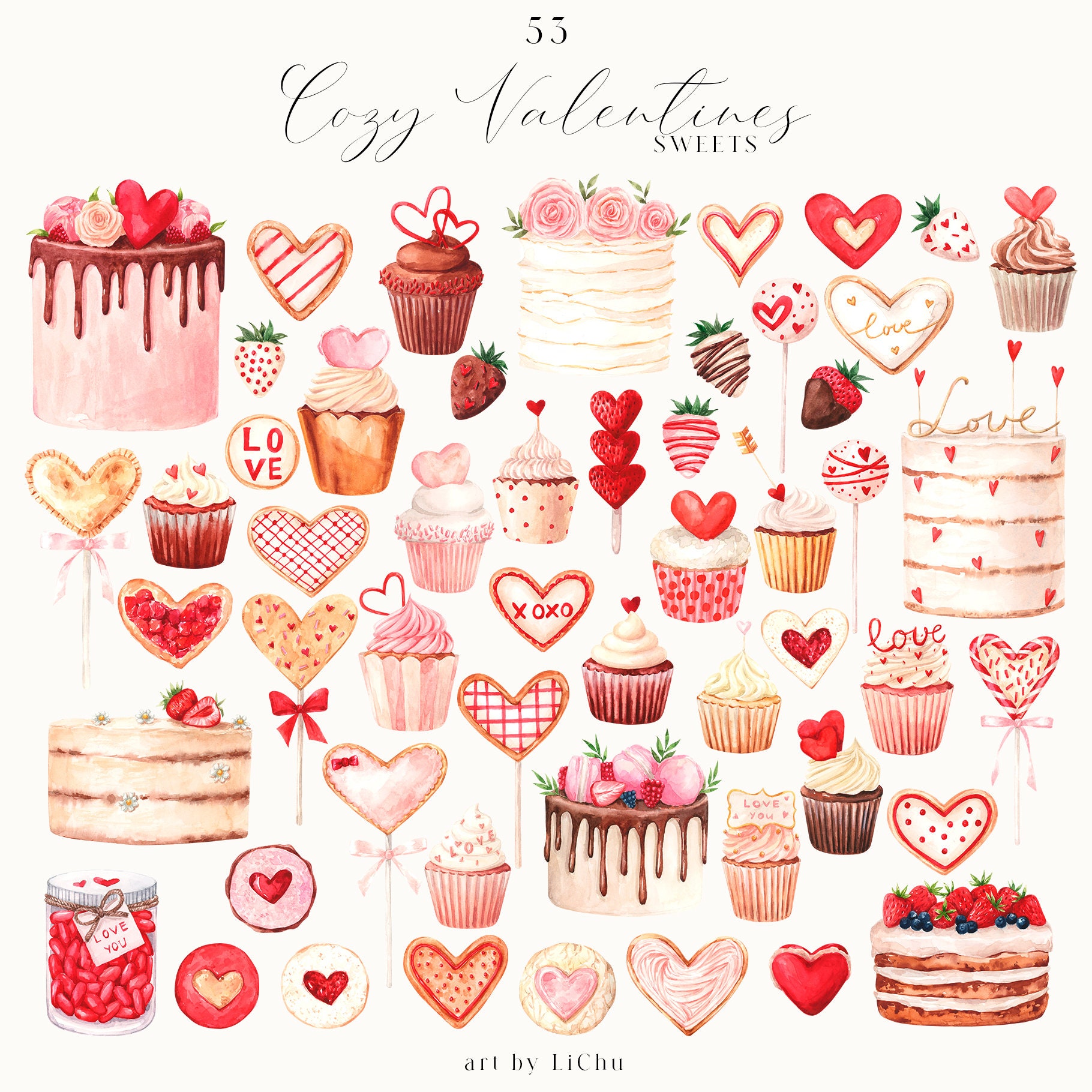 Watercolor Valentines Day Clipart Heart Sweet Cookies Cake - Etsy