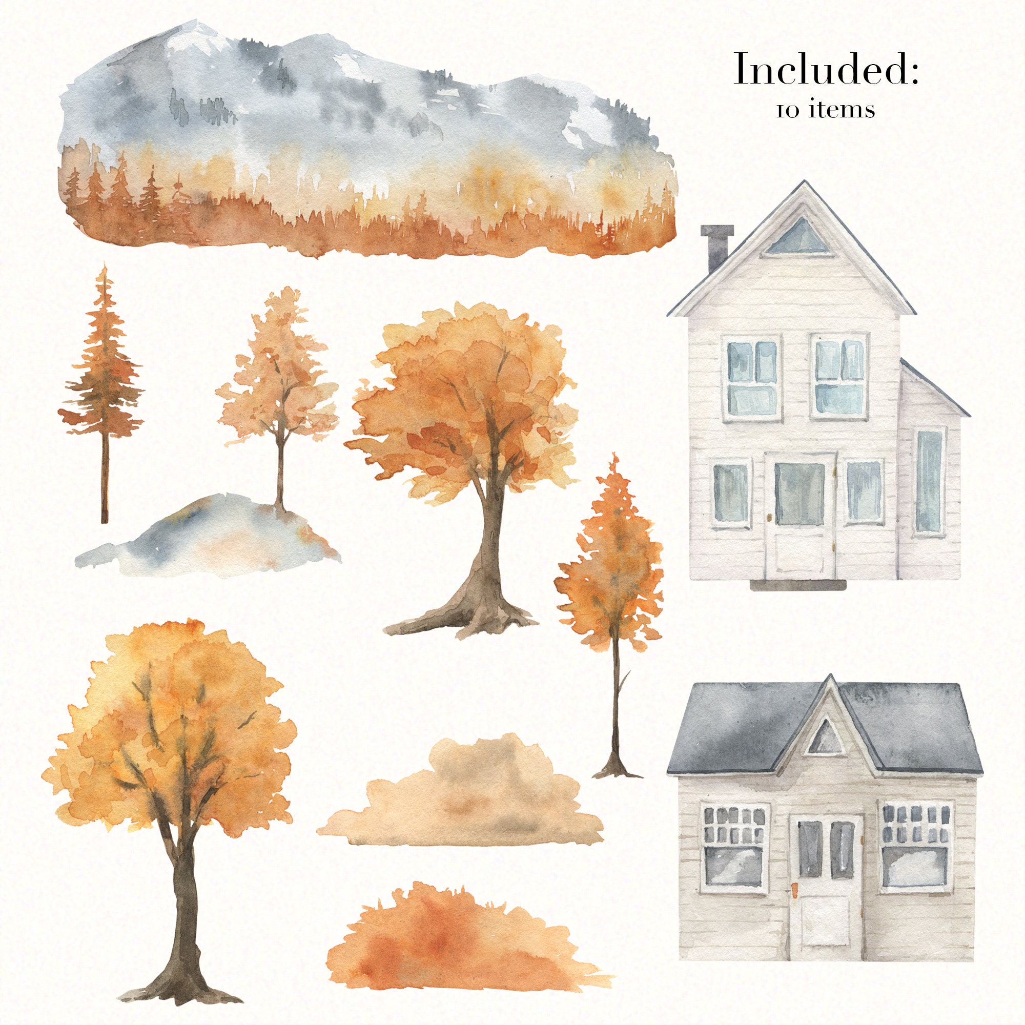 Watercolor Autumn Houses Clipart Mountains Cozy Fall Trees - Etsy