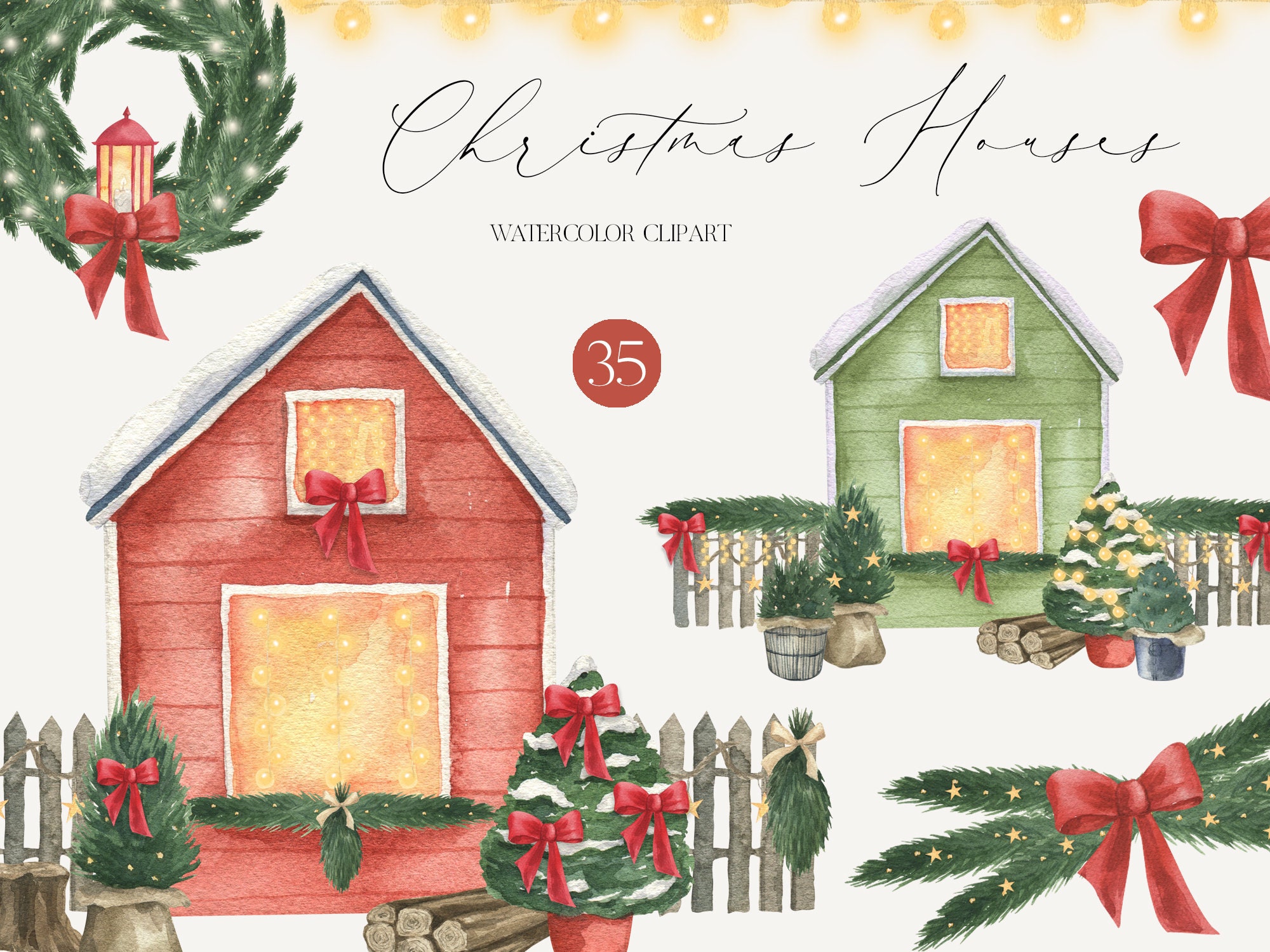 Watercolor Christmas Clipart Winter House Floral Wreath Home - Etsy