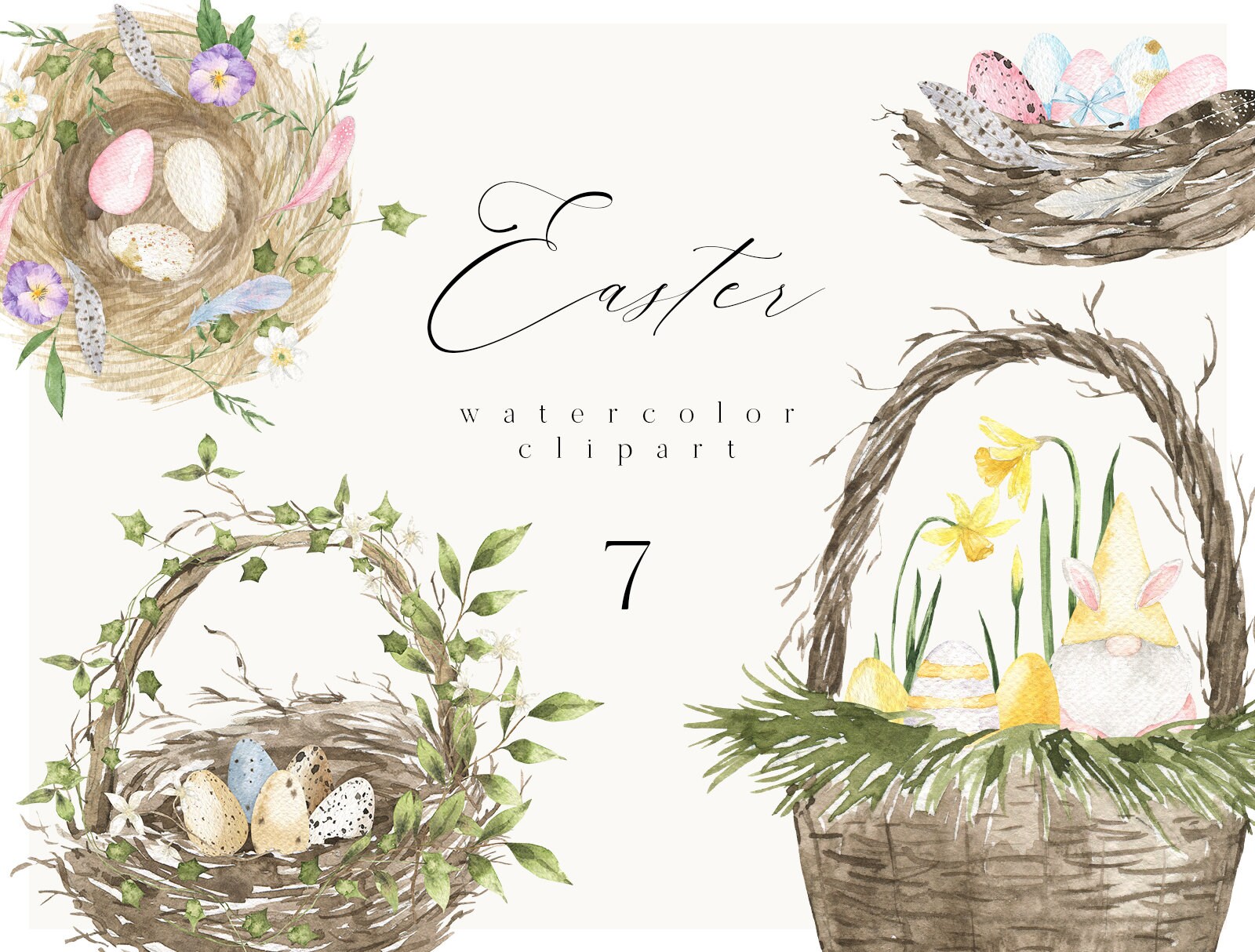 Easter Clipart Watercolor Eggs Basket Flowers Clip Art Cute Printable ...