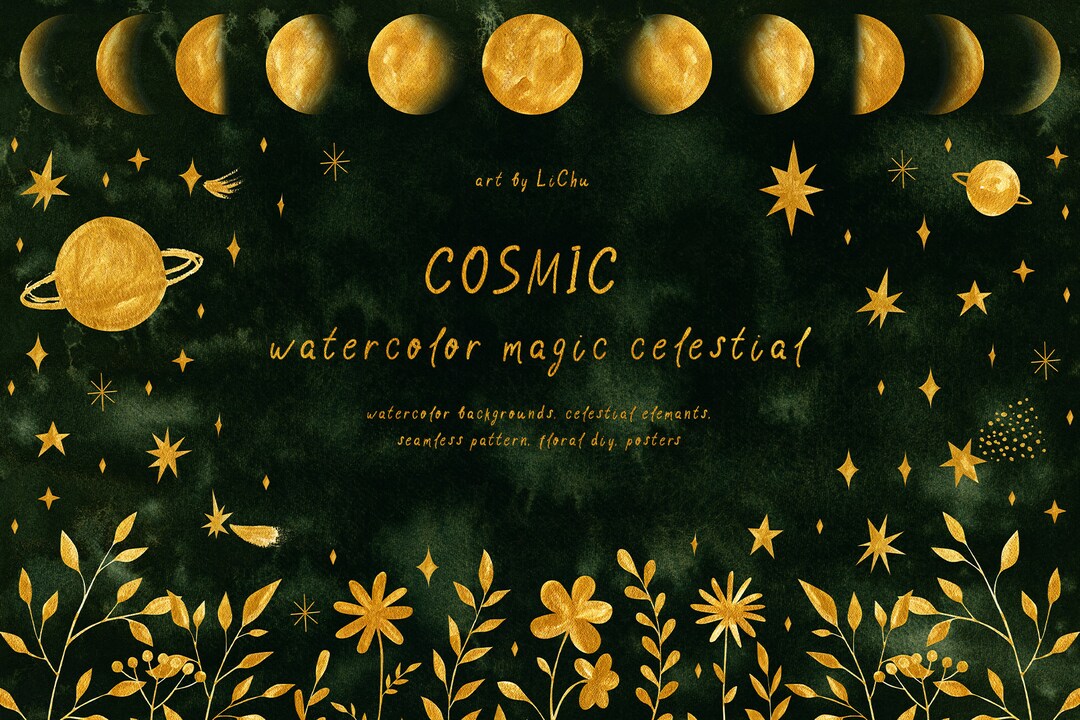 Watercolor Celestial Clipart Stars Moon Phases Planet Wildflower ...
