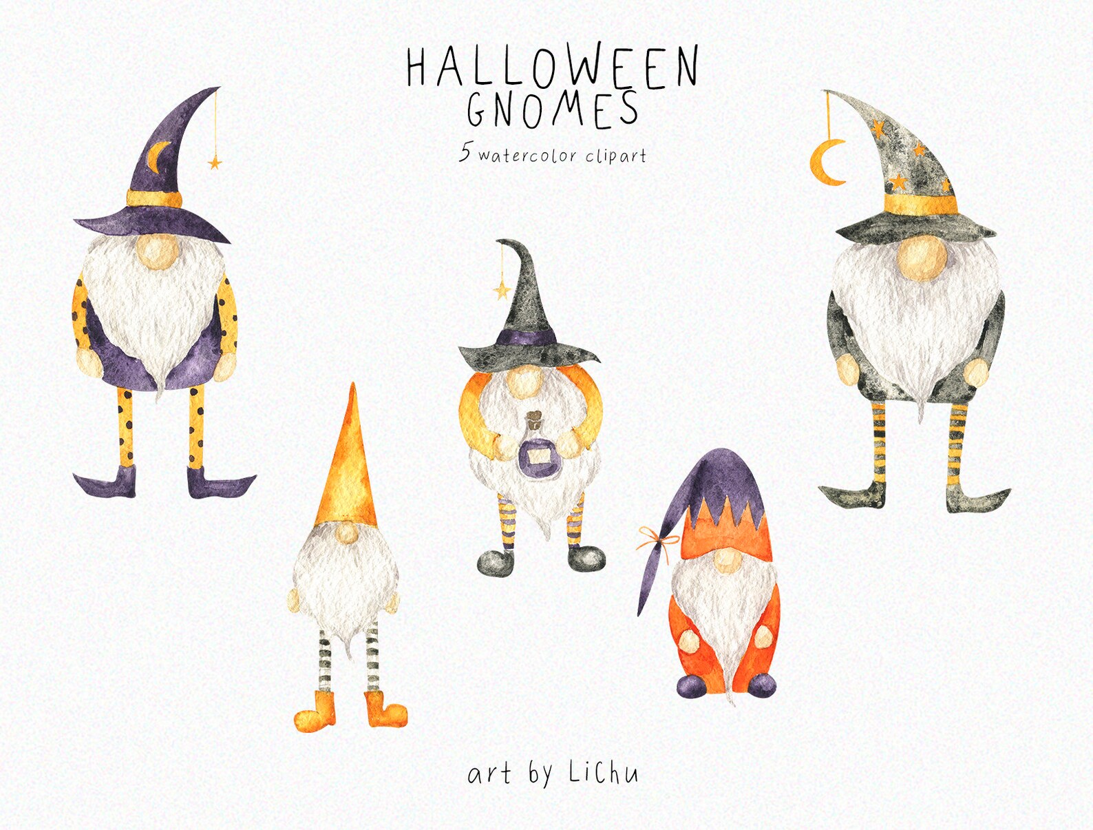 Watercolor Gnome Clipart Halloween Cute Character Moon Star - Etsy