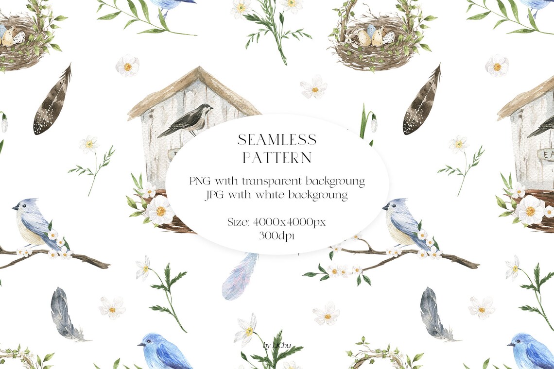 Easter Watercolor Flowers Pattern Spring Birds Bouquets | Etsy