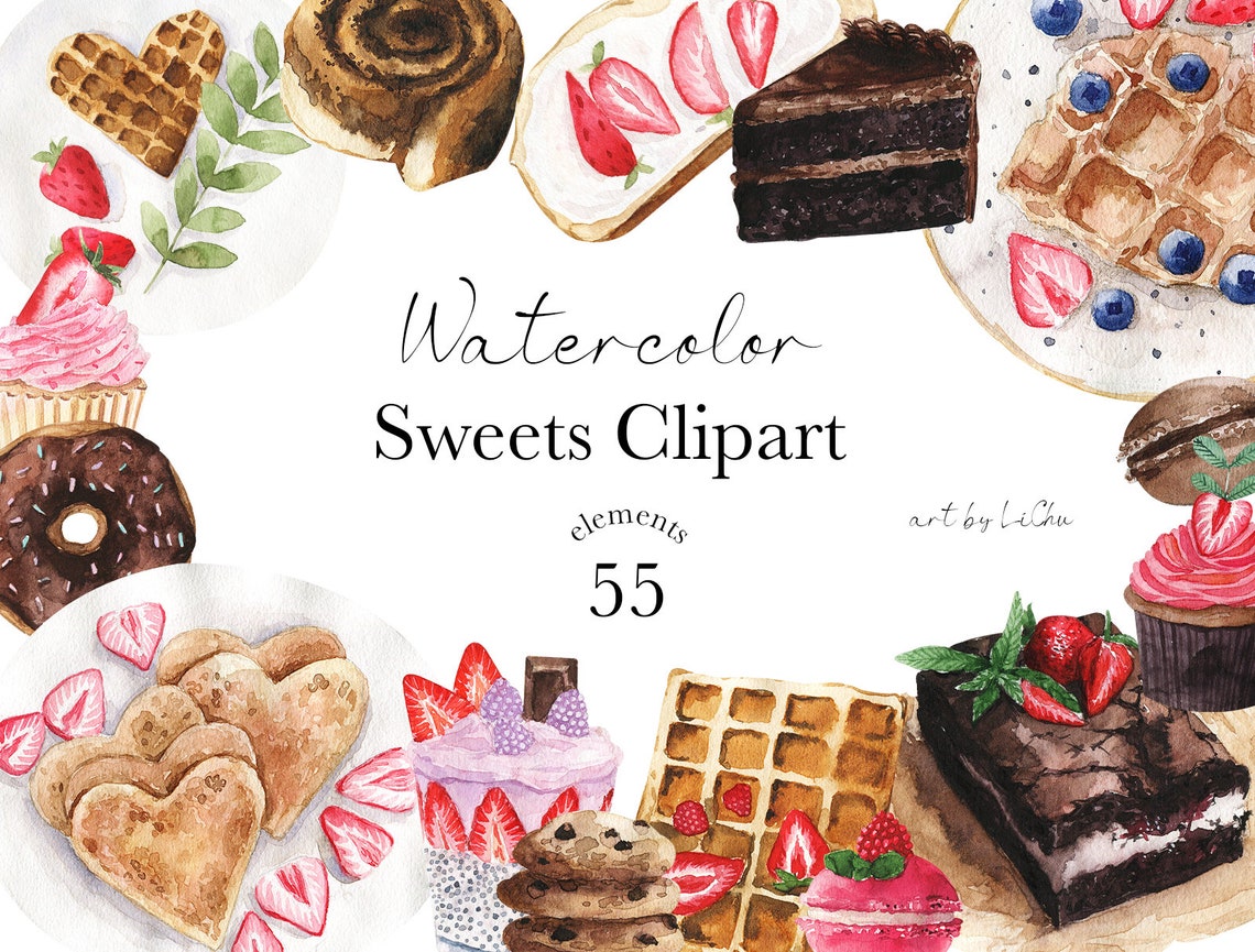 Watercolor Dessert Sweets Clipart Cupcake Pancake Cookie - Etsy
