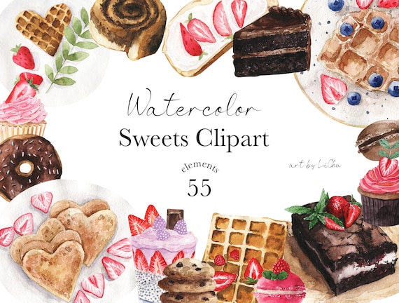 Watercolor Dessert Sweets Clipart Cupcake Pancake Cookie - Etsy