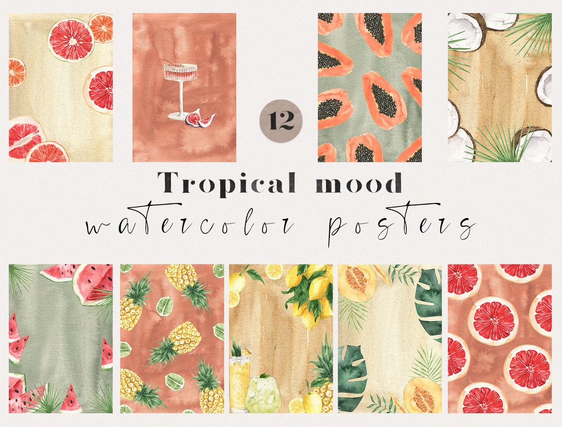 Watercolor Tropical Fruits Posters Clipart Citrus Papaya Melon | Etsy