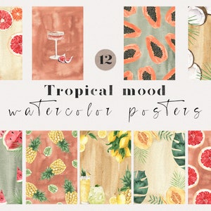 Watercolor Tropical Fruits Posters Clipart Citrus Papaya Melon ...