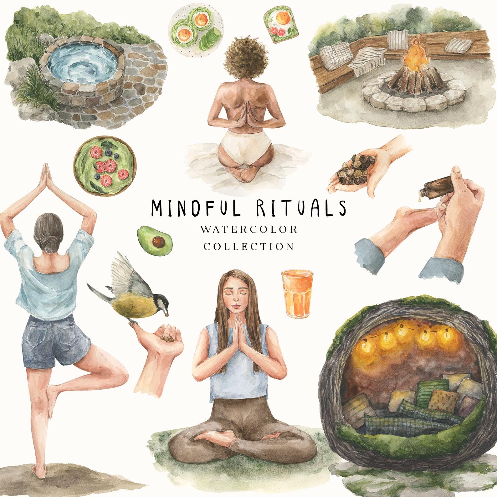 Mindful Rituals Watercolor Clipart – Cozy Self Care Art, Nature Zen ...