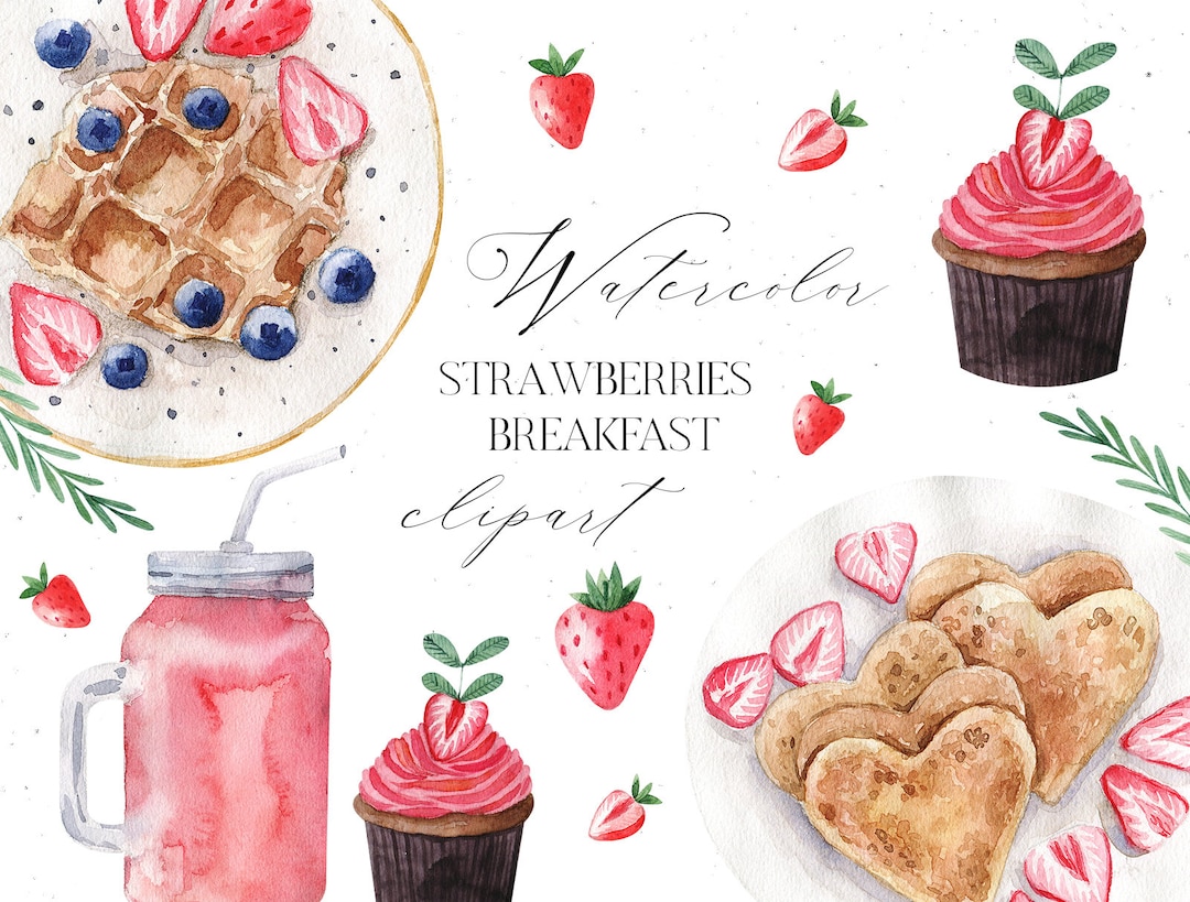 Watercolor Cupcake Pancake Heart Waffle Bakery Strawberry Fruit ...
