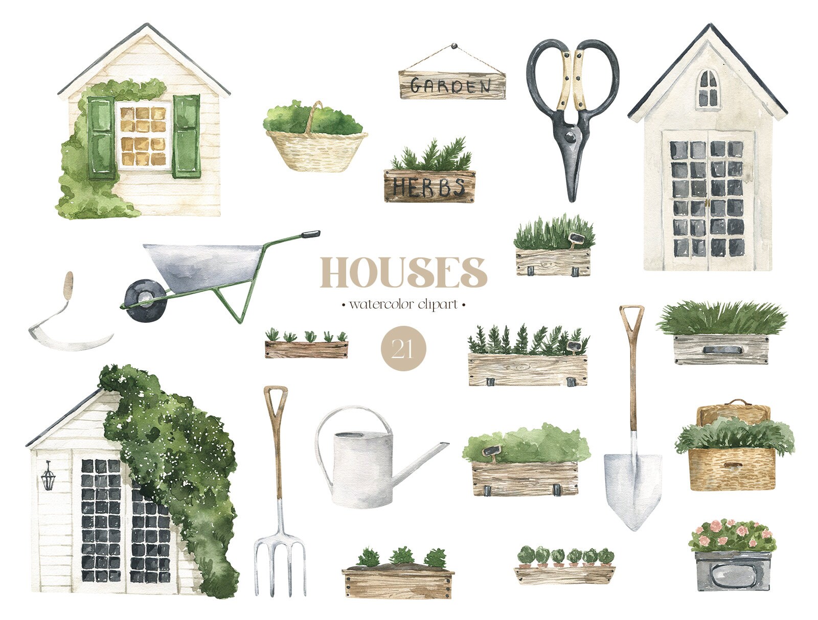 Watercolor houses clip art Summer country farm house Sweet | Etsy