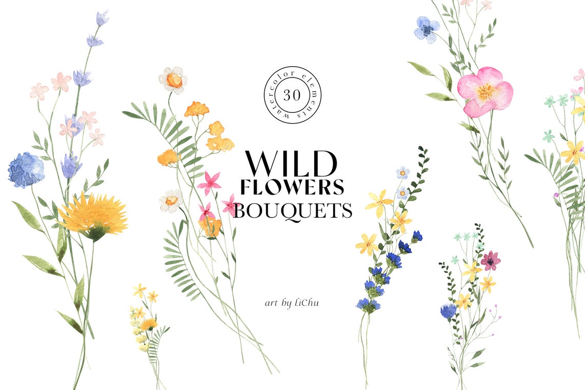 Watercolor Widlflowers Clipart Meadow Floral Clipart Delicate - Etsy
