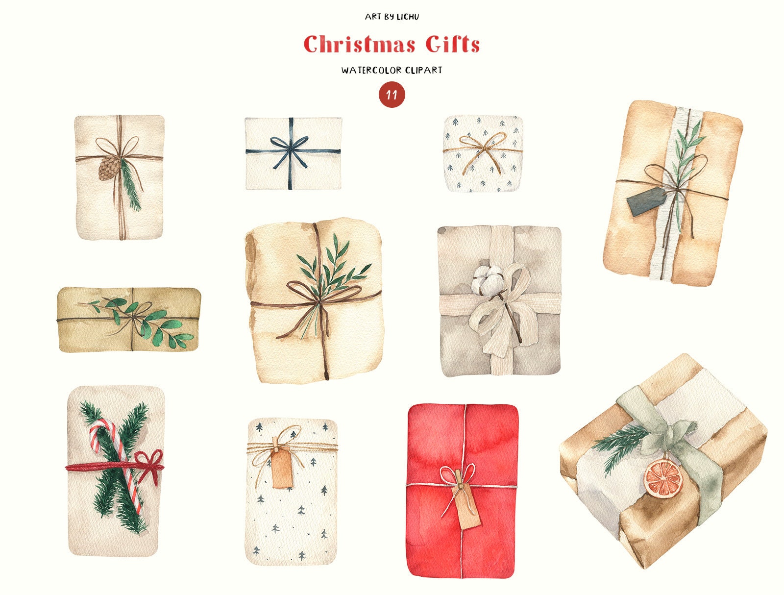 Watercolor Christmas Gift Box Clipart Winter Holiday Elements | Etsy