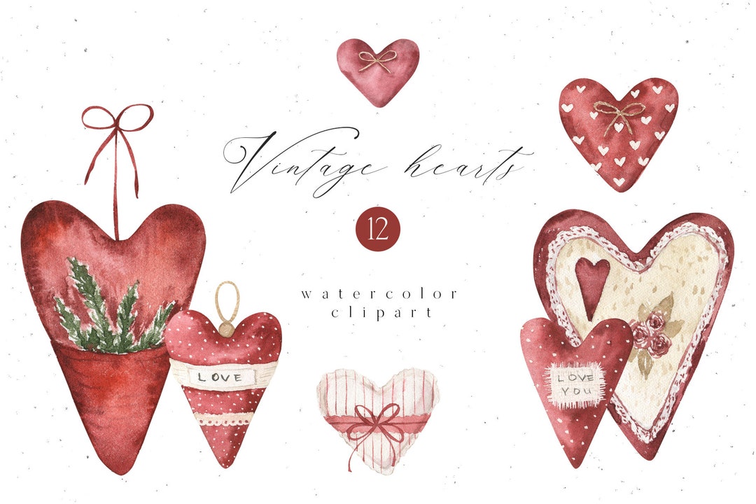 Watercolor Red Heart Cute Love Vintage Valentines Day Beige Green Boho ...