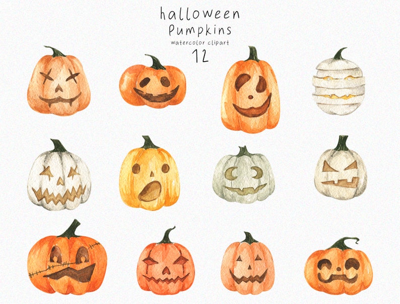 Watercolor Halloween Pumpkin Clipart Jack-o'lanterns | Etsy