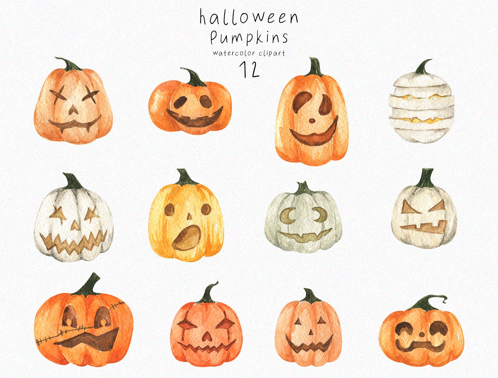 Watercolor Halloween Pumpkin Clipart Jack-o'lanterns | Etsy