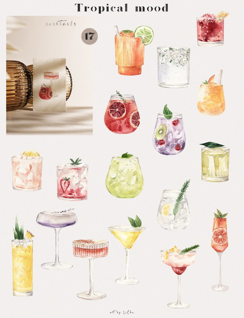 Watercolor Tropical Fruit Cocktail Clipart Citrus Papaya Melon - Etsy