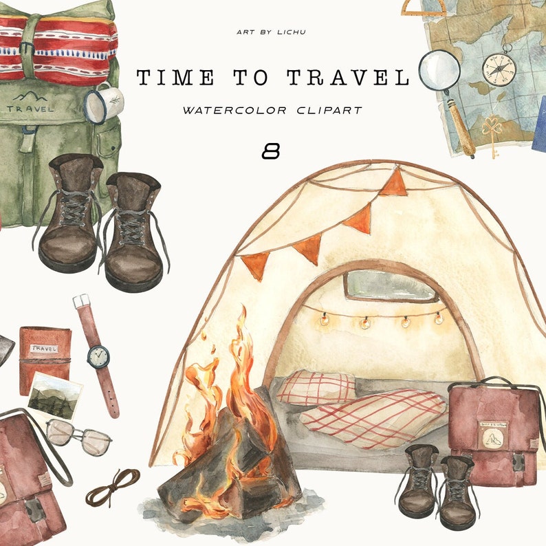 Journey Clipart Vintage Camper Art Maps Suitcases Clothes Compass ...