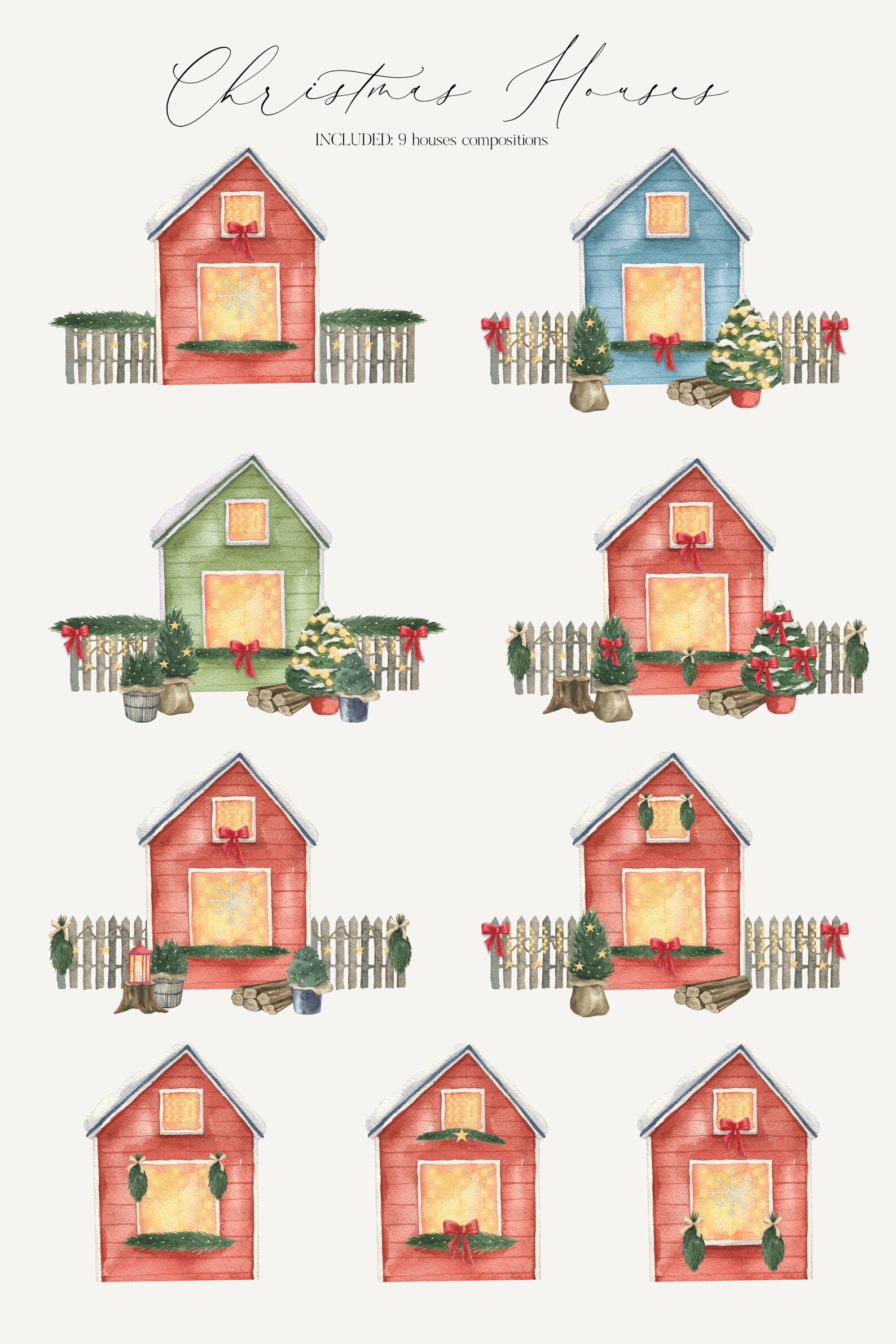 Watercolor Christmas Clipart Winter House Floral Wreath Home - Etsy