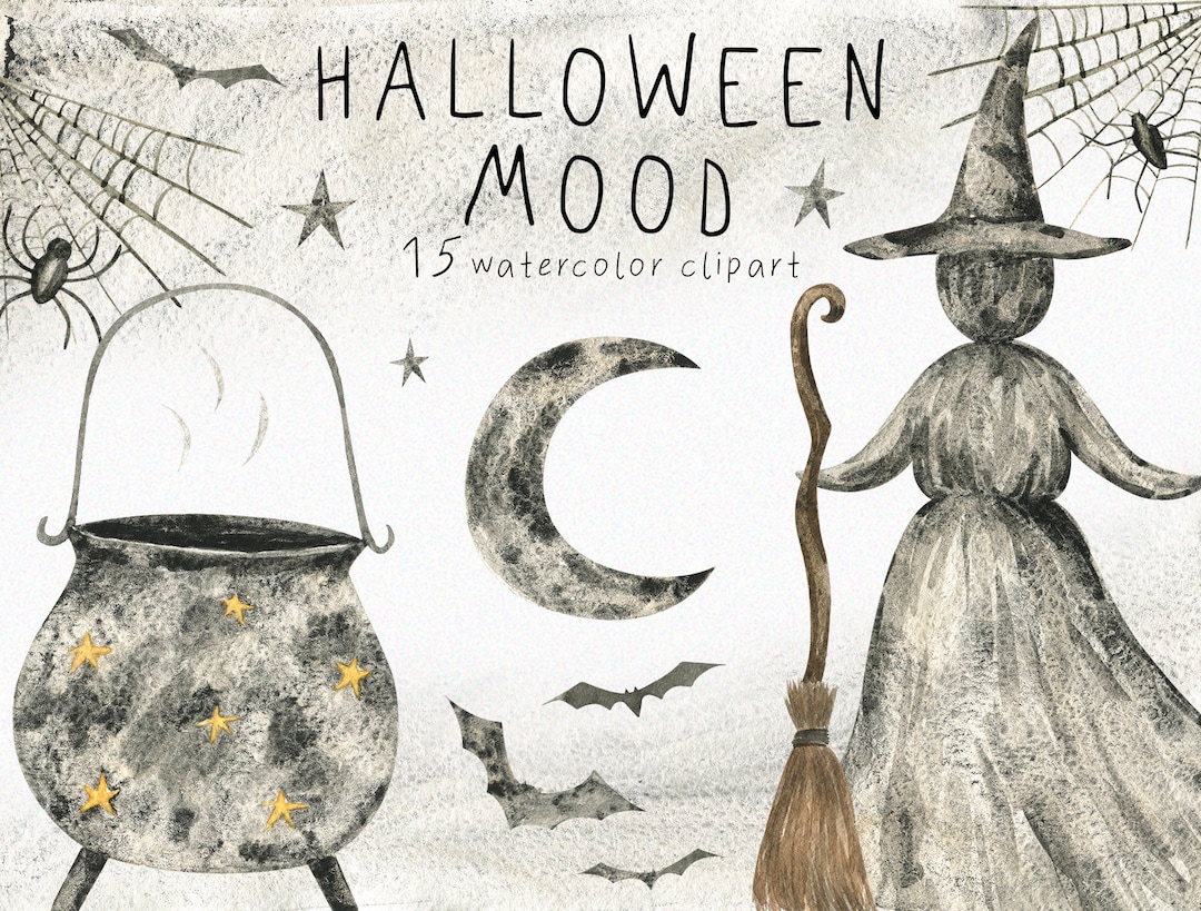 Watercolor Halloween Clipart Ghost Jack-o'-lanterns Moon Star Bat ...