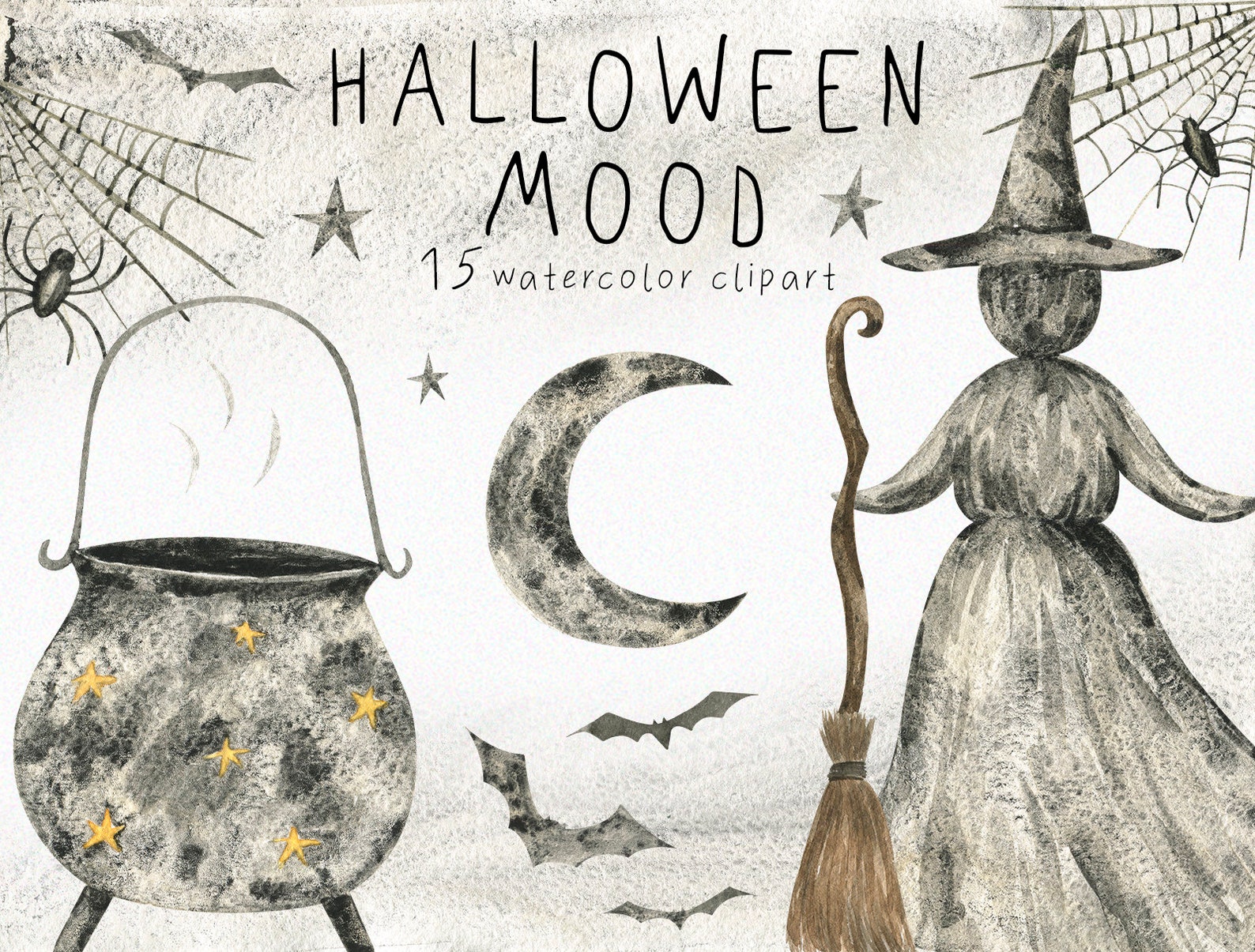 Watercolor Halloween Clipart Ghost Jack-o'lanterns Moon | Etsy