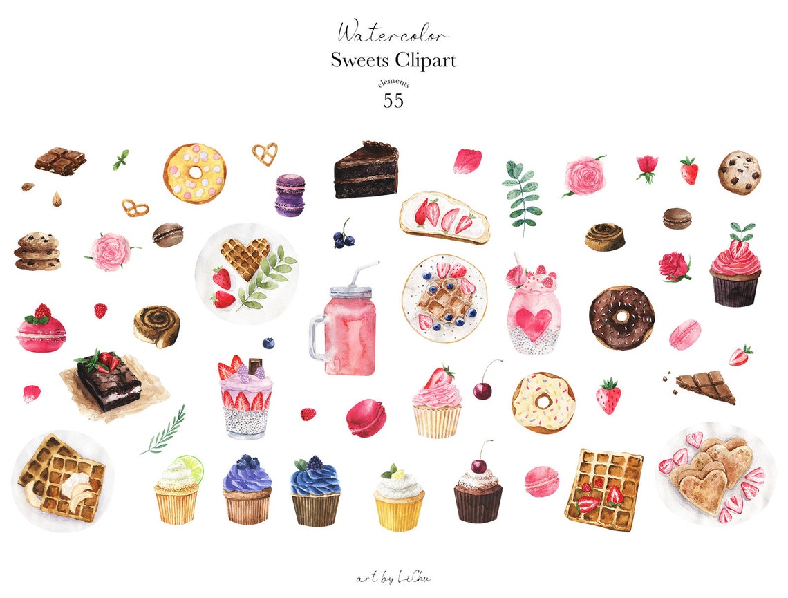 Watercolor Dessert Sweets Clipart Cupcake Pancake Cookie - Etsy