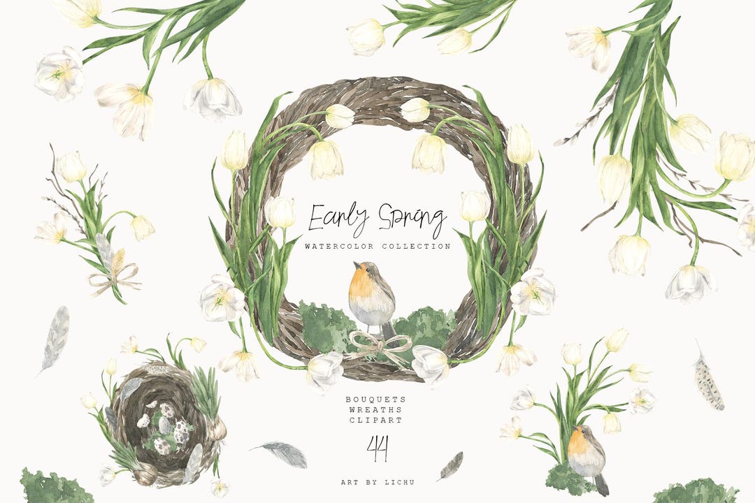 Early Spring Watercolor Clipart - Hand-painted Tulips, Birds, and ...
