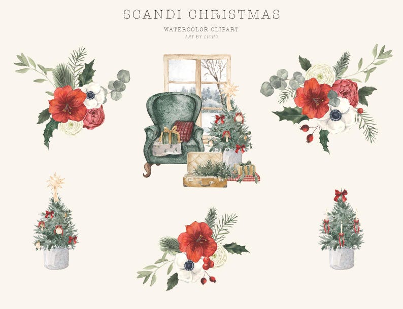 Scandi Christmas Watercolor Clipart Set – Cozy Red Holiday House ...