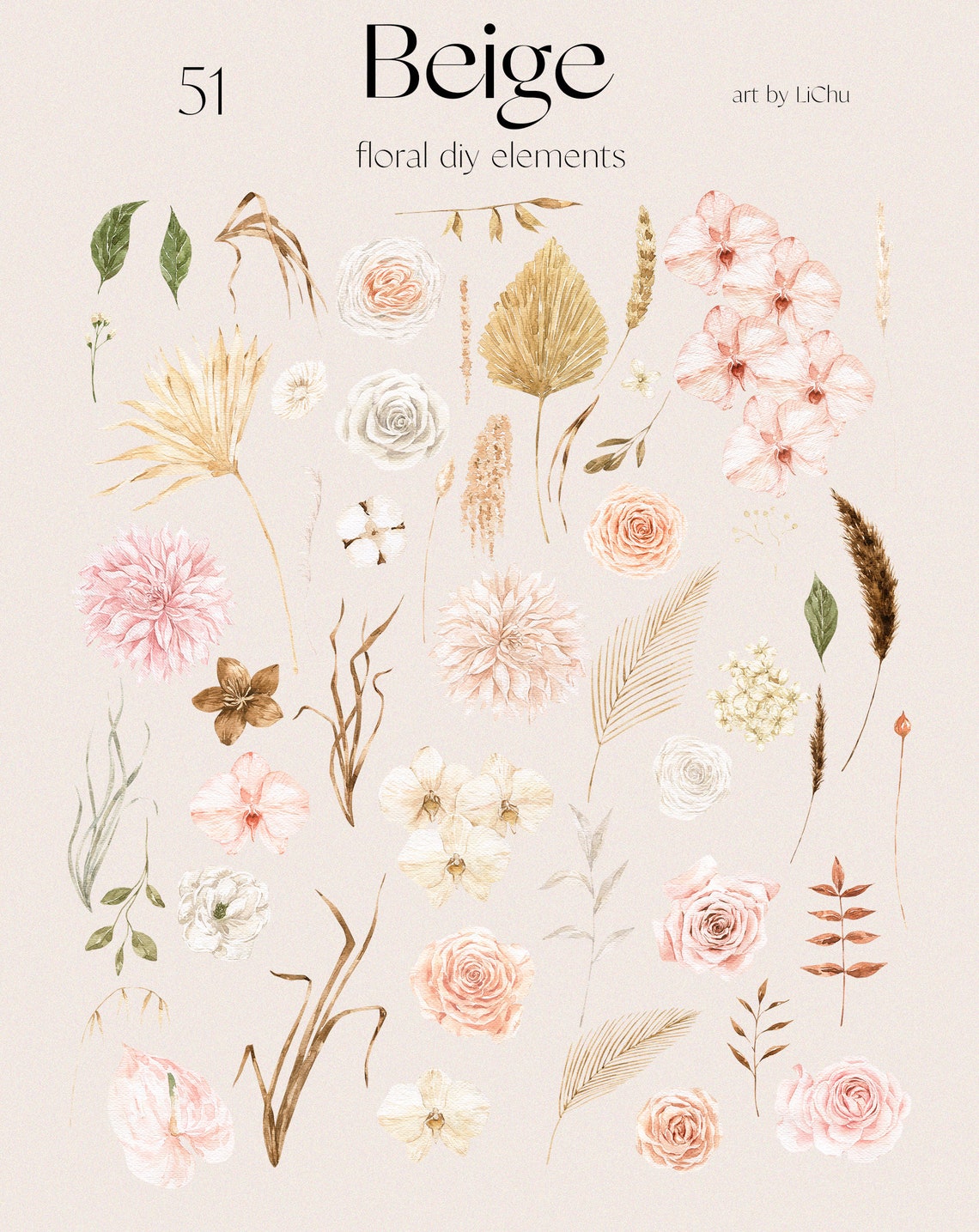 Watercolor Boho Floral Clipart Flowers Dried Palm Leaf Bouquets ...