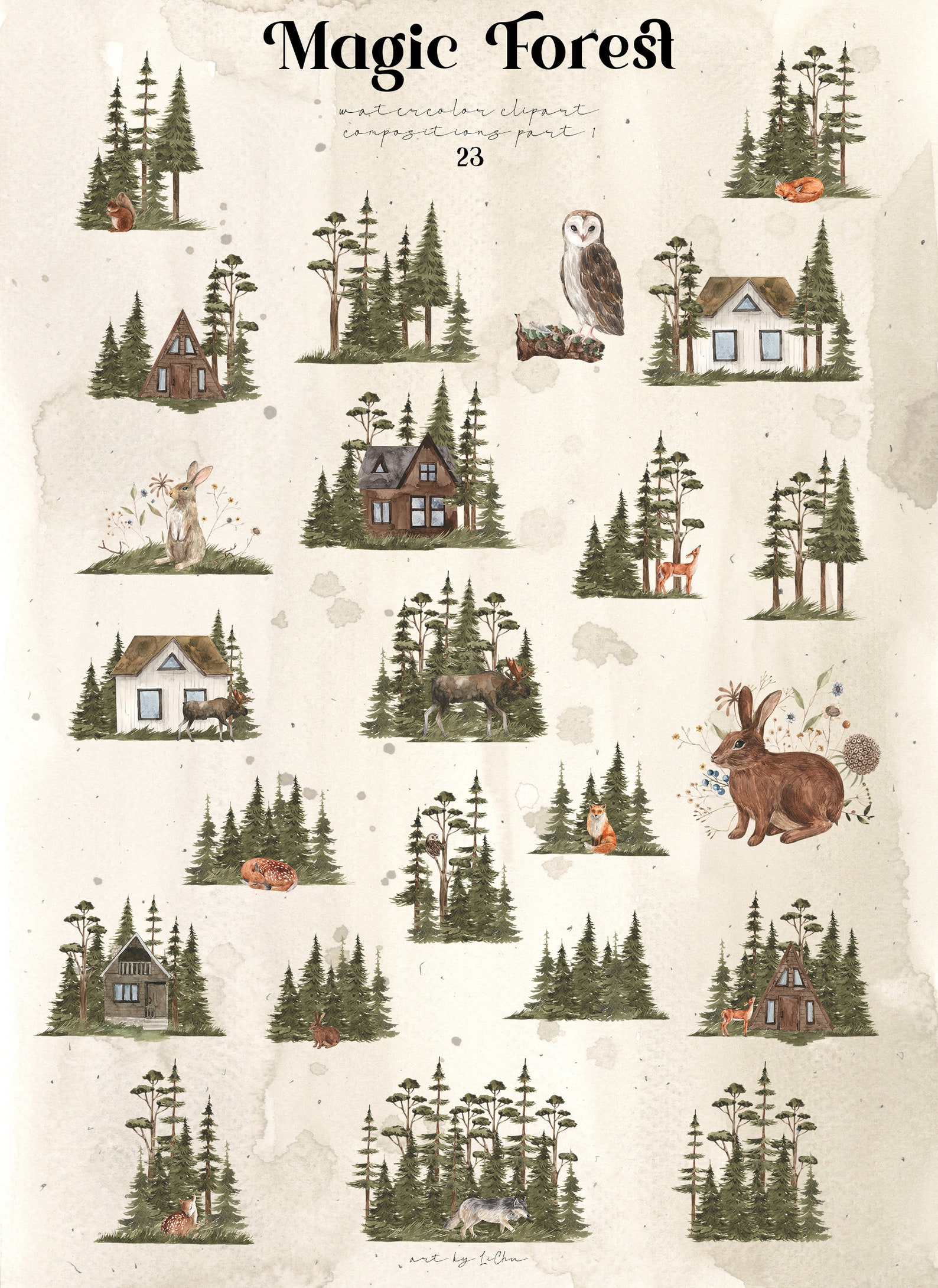 Watercolor Magic Forest Clipart Woodland Animal Fox Squirrel Deer Wolf ...