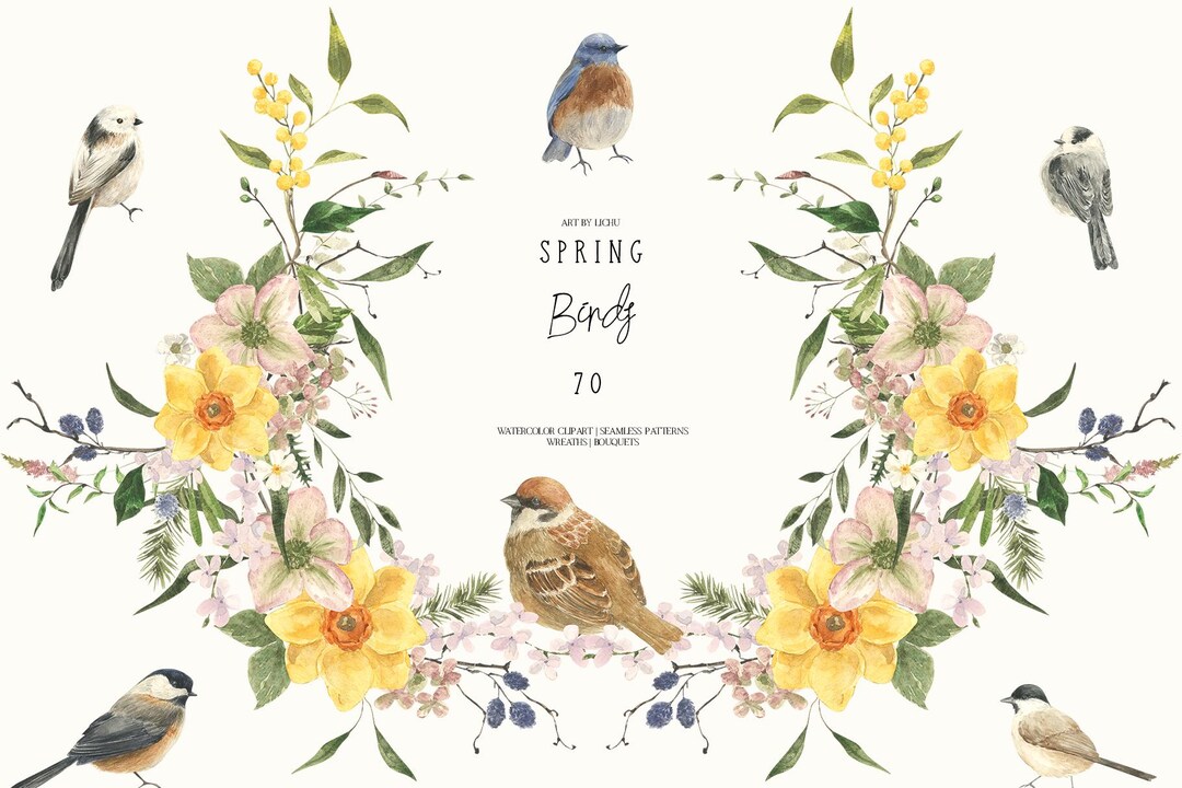 Spring Birds Clipart - Floral Bouquet Elegant Flower Watercolor Garden ...
