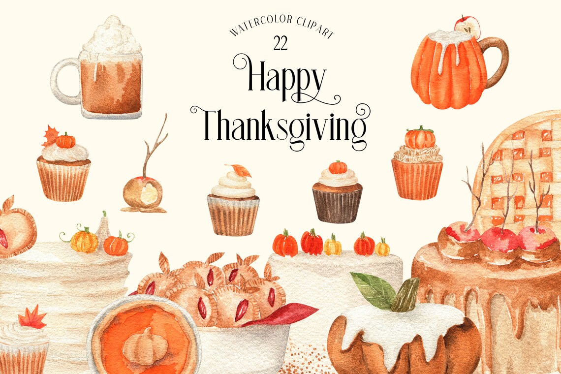 Watercolor Thanksgiving Clipart Pumpkin Pie Nut Cupcake Apple - Etsy