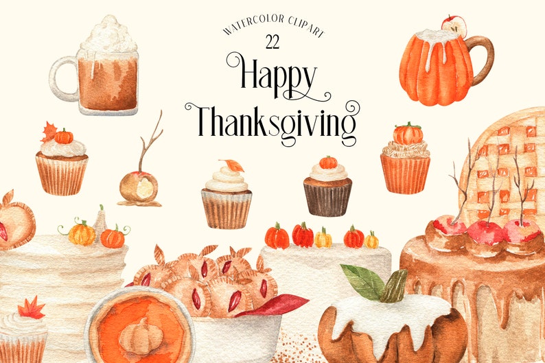 Watercolor Thanksgiving Clipart Pumpkin Pie Nut Cupcake Apple Сider ...
